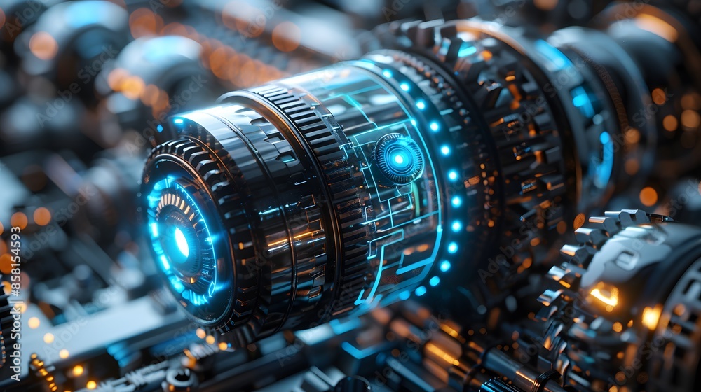 A digital illustration of an electric motor with gears and blue ...