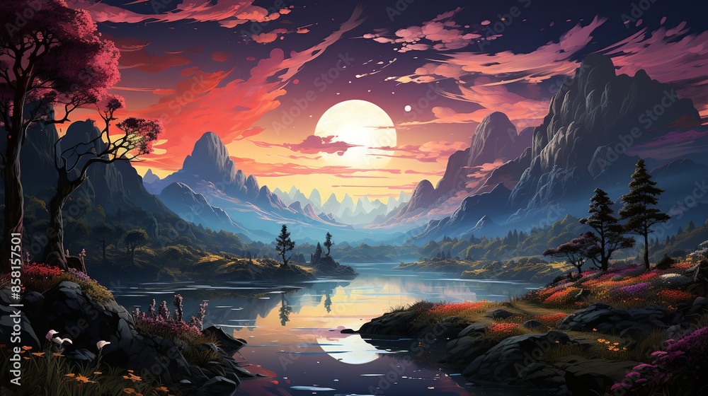 A whimsical illustration of a fantasy world, with mythical creatures ...