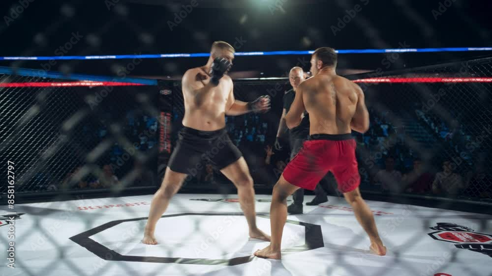 Two Male MMA Fighters, One in Black Shorts and the Other in Red, Engage ...