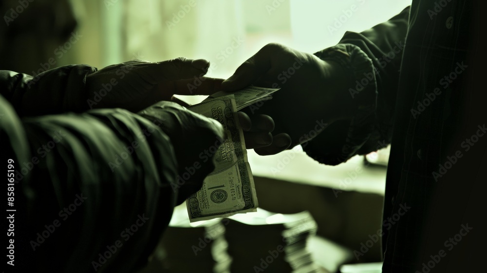 Money changing hands in a shadowy room, hinting at a secretive deal ...