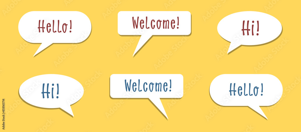 Set of white speech bubbles with the words Hello, Welcome, and Hi, with ...