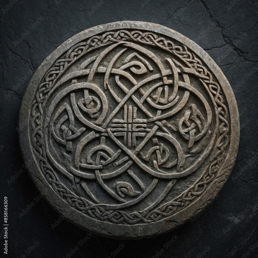 Celtic knot carved on stone background texture - round fantasy Celtic ...