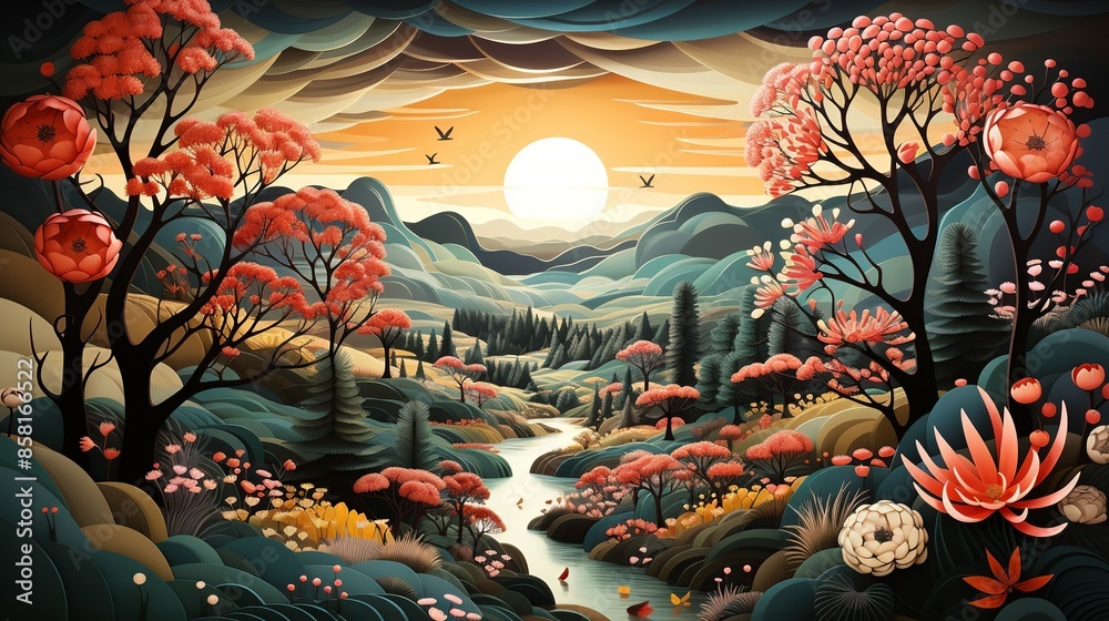 A whimsical illustration of a magical forest, featuring enchanted trees ...