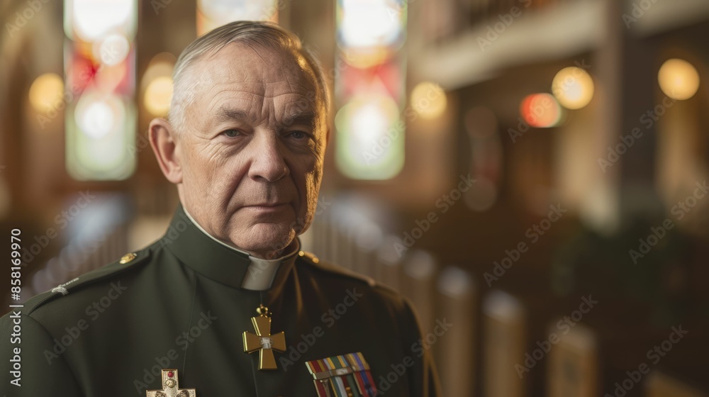 The picture of the military officer standing inside the church and ...