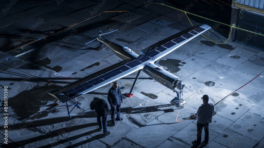 group of engineers testing a prototype of a vertical takeoff and ...