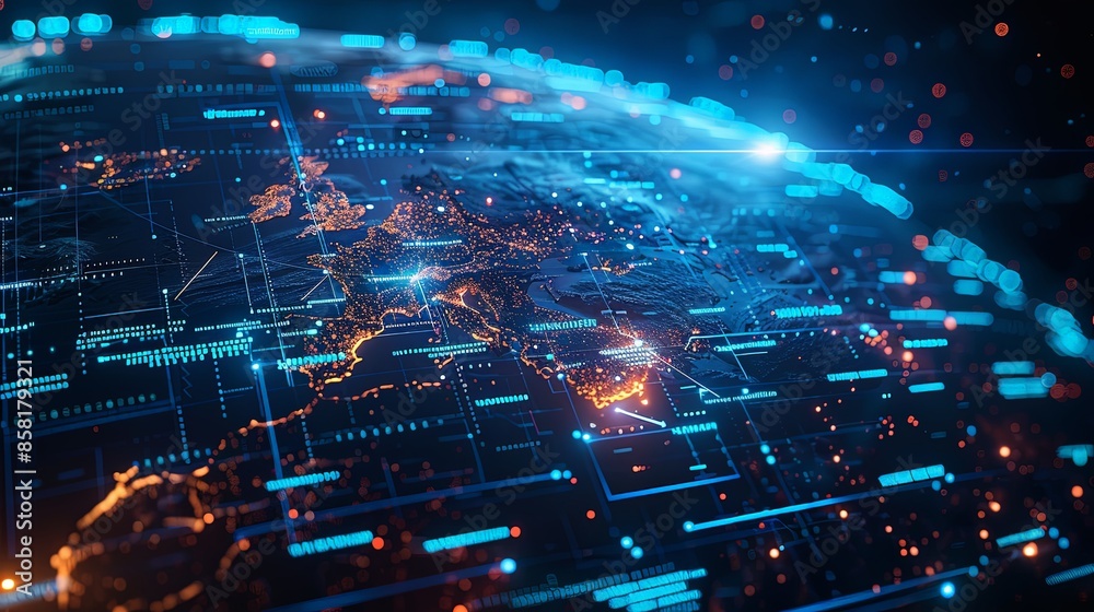 A comprehensive digital map of Earth illuminated by data nodes and city ... A comprehensive digital map of Earth illuminated by data nodes and city ...
