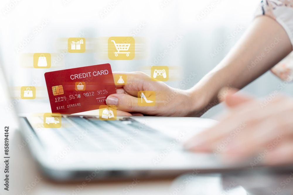 Elegant customer hold credit card with hologram interface choose online ...