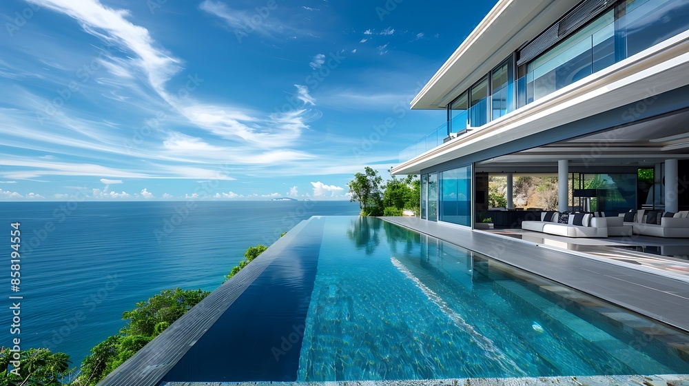 luxury seaside villa with an infinity pool that blends seamlessly with ...