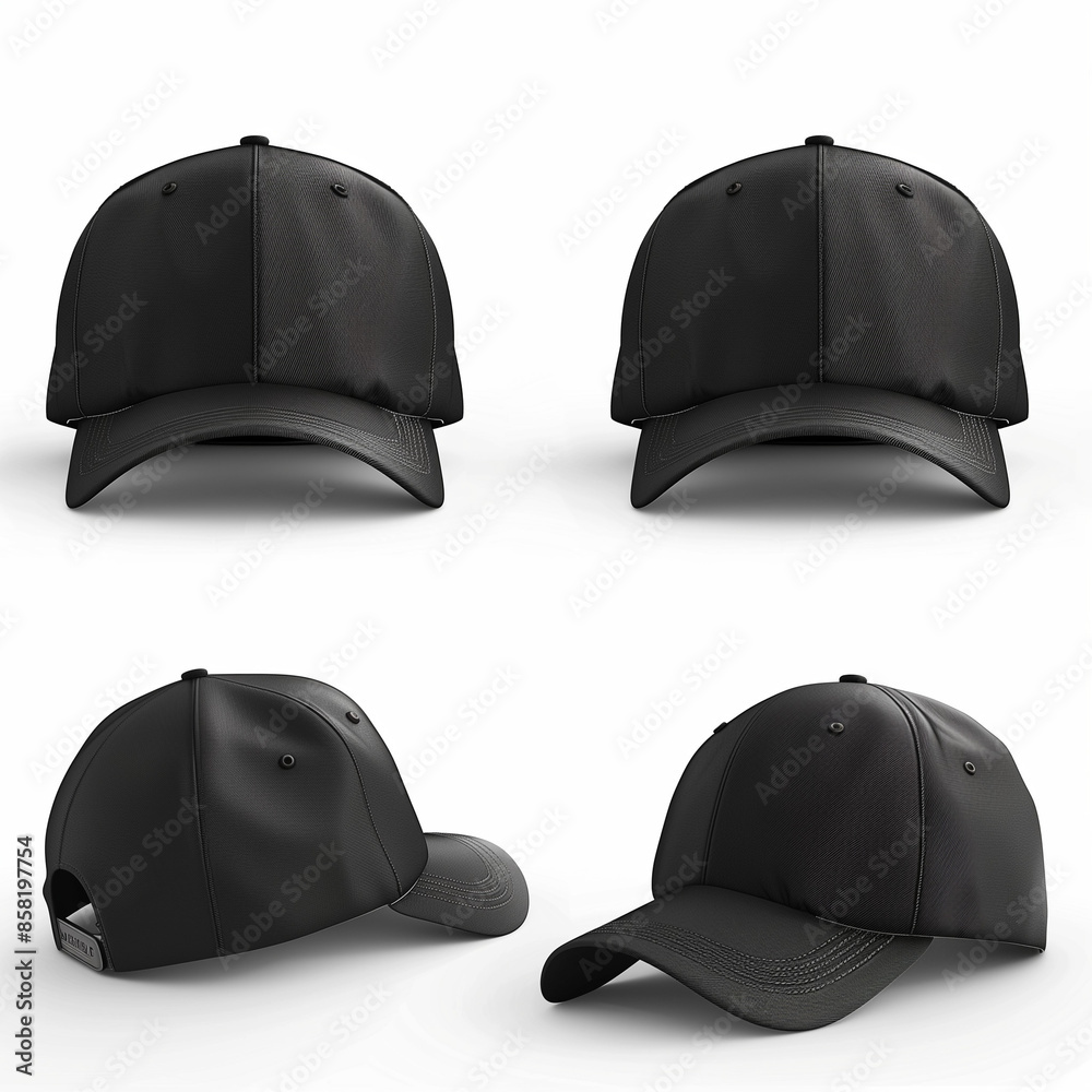 Set of black front and side view hat baseball cap on transparent ...