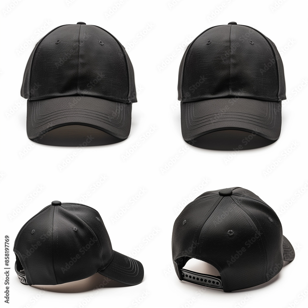 Set of black front and side view hat baseball cap on transparent ...