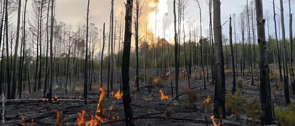 burned fire trees in the forest, with sunlight filtering through fog ...