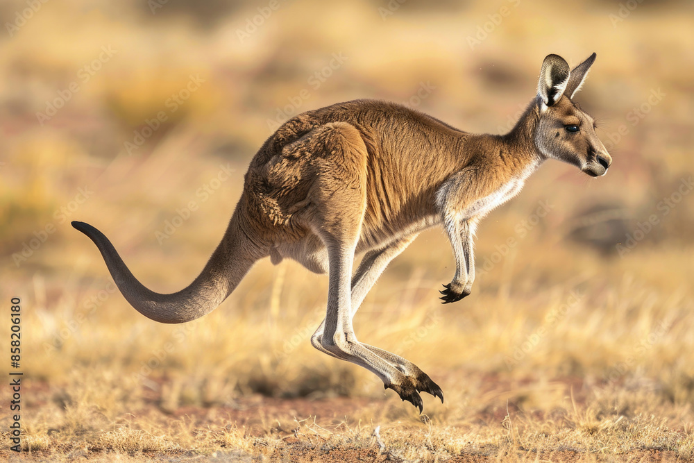 A kangaroo hops across the Australian outback, mid-air with legs ...