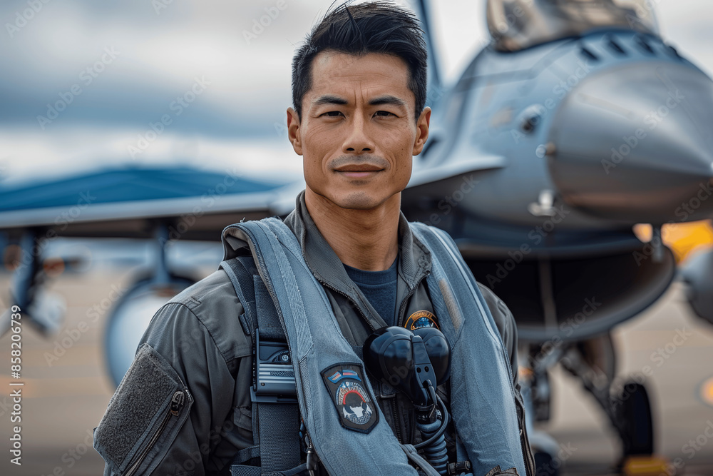 Asian Military Fighter Jet Pilot Portrait Standing in Flight Suit and ...