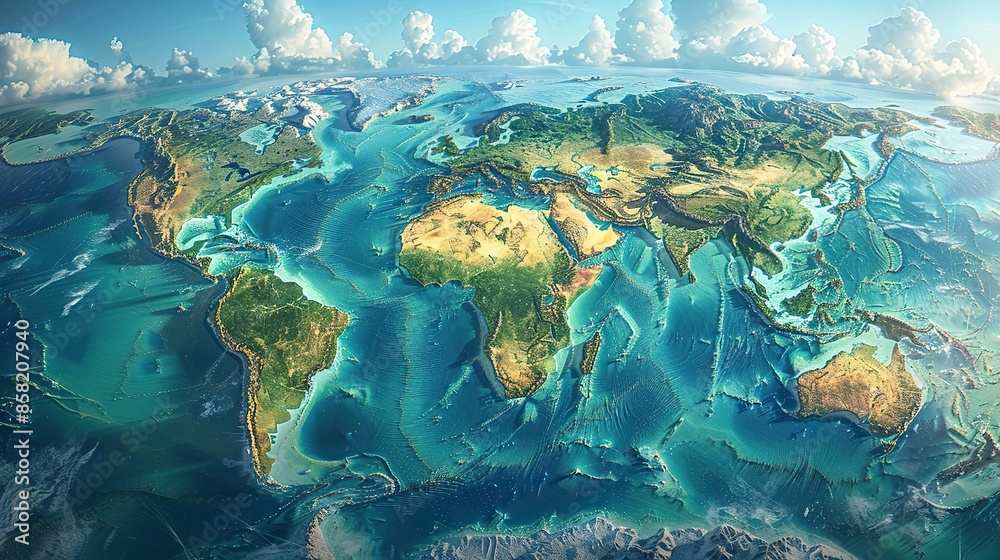 High-resolution physical world map with a flattened view of Earth ...