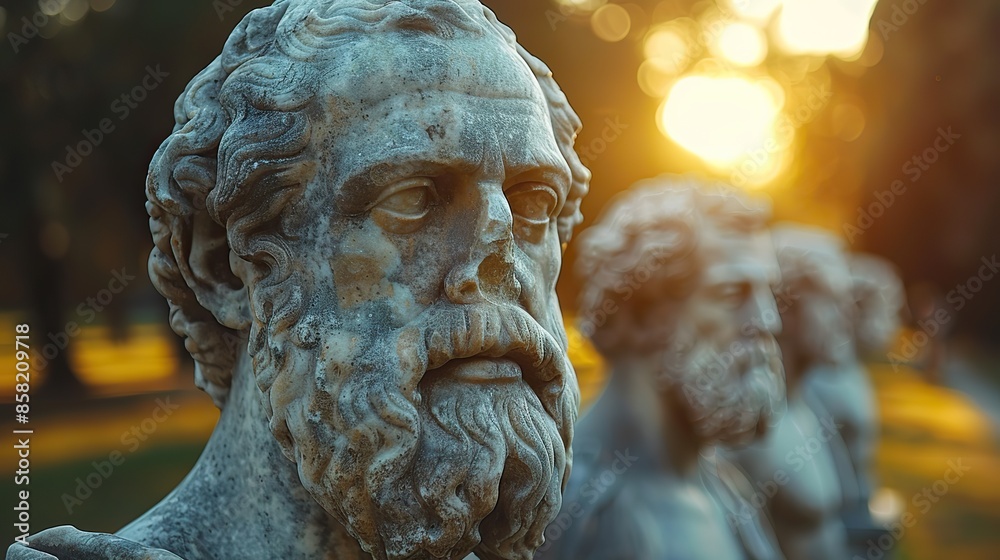 Blurred background of ancient Greek philosopher statues and their ...