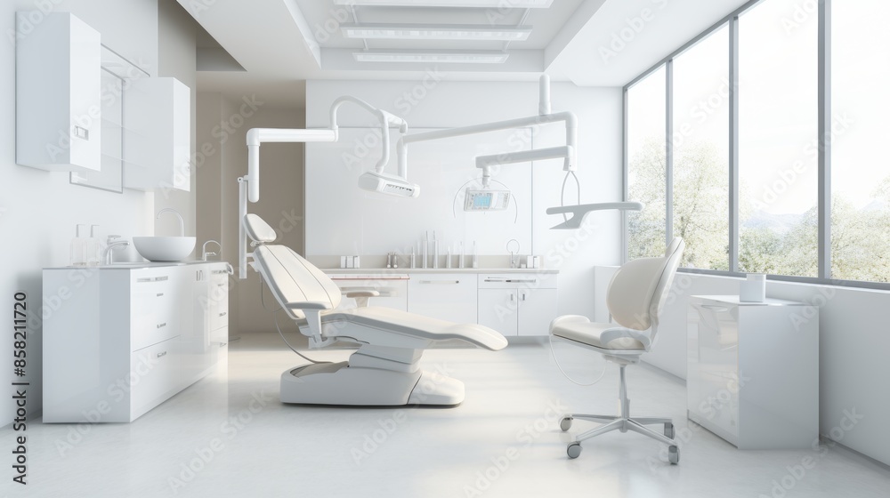 Dental examination setup with chair and light for patient treatment and ...