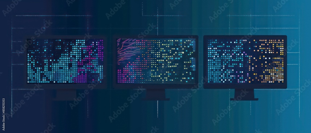 Digital illustrations in blue showcase computer codes and futuristic ...