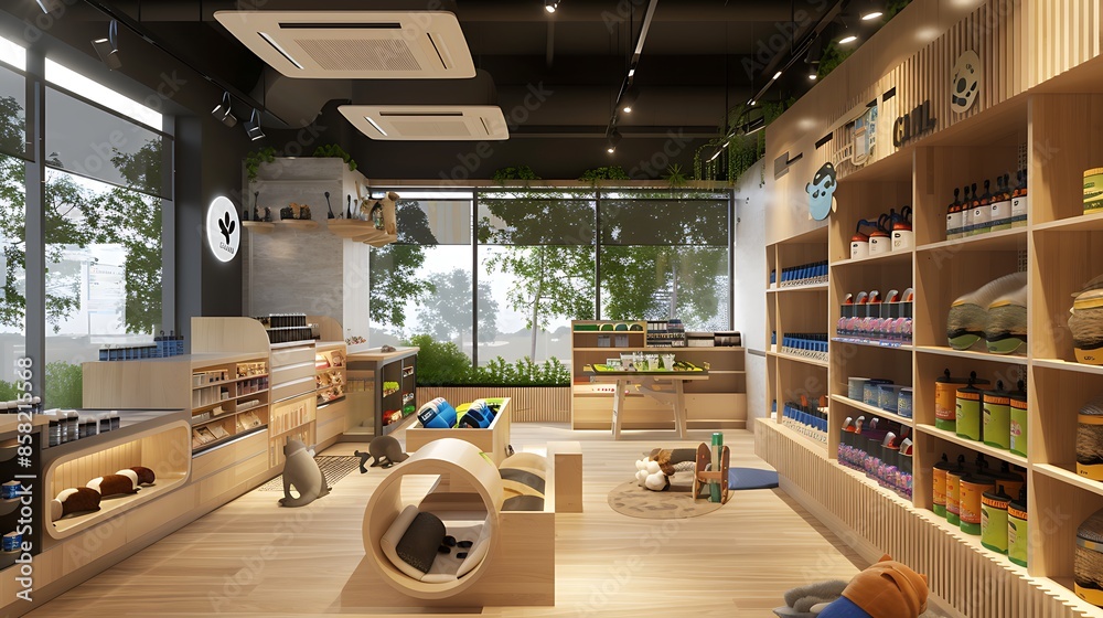 modern pet store with interactive play areas for pets, streamlined ...