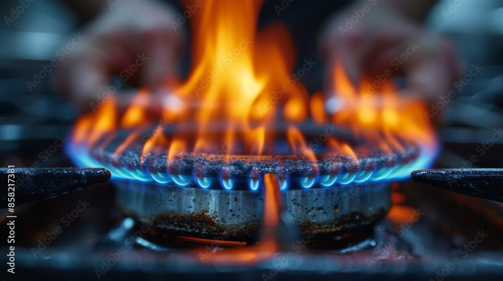 A close-up view of a stove burner in a kitchen, with gas flames ignited ...