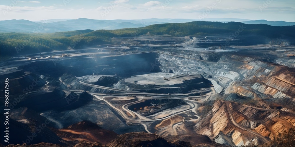 Aerial view of openpit mine with terraces and roads for mining. Concept ...