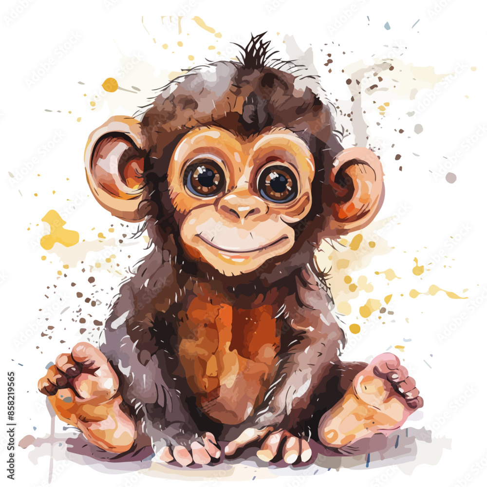 Watercolor Vector painting of a baby monkey, isolated on a white ...
