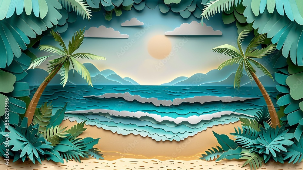 Paper craft tropical paradise with palm trees and sandy beaches ...