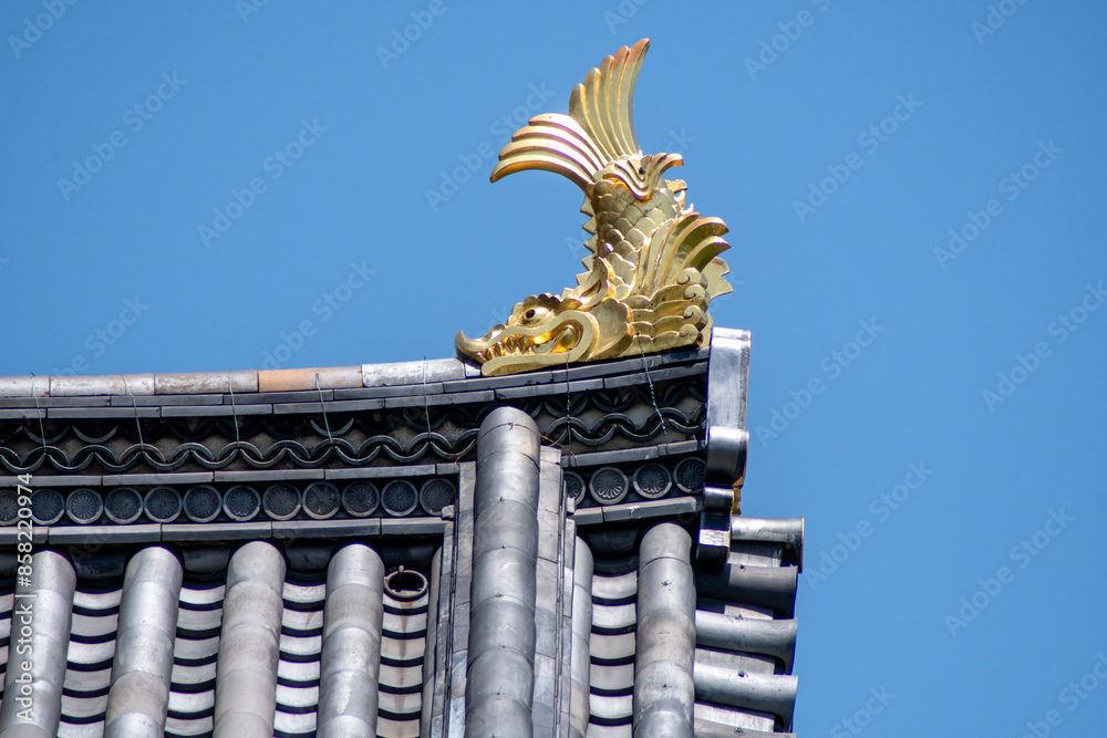 Golden dragon fish statue on roof top of Okayama castle, Japan Stock ...