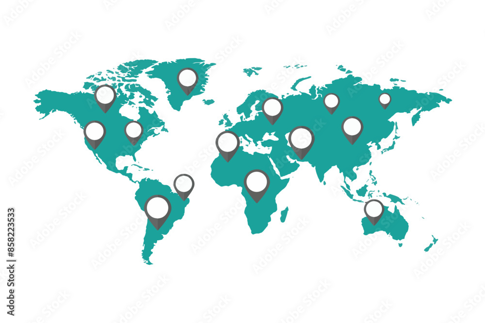 World map with location pins. Map of the world isolated on transparent ...