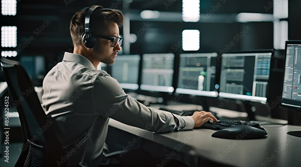 Smart Male IT Programer Working on Desktop Green Mock-up Screen ...