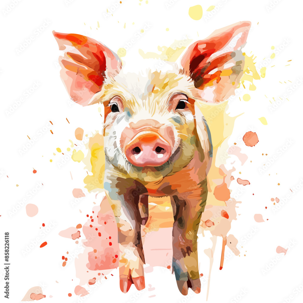 Watercolor Vector painting of a baby pig, isolated on a white ...