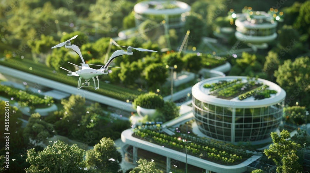 A high-tech farm with drones monitoring crops, automated irrigation ...