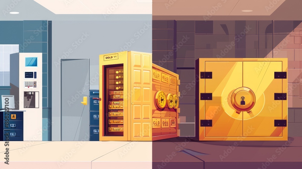 Gold vault flat design side view investment theme cartoon drawing Split ...