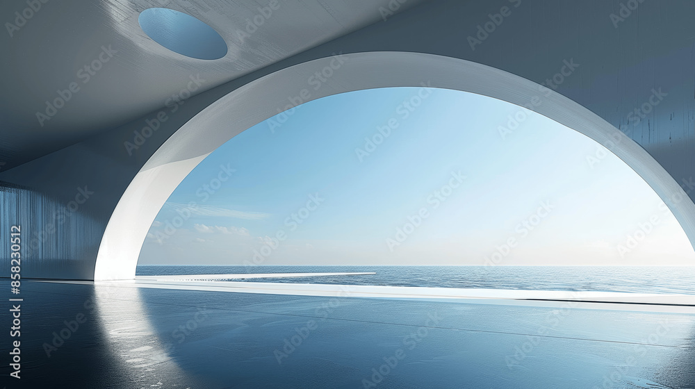 3d render of futuristic minimalist architecture with round arch on blue ...