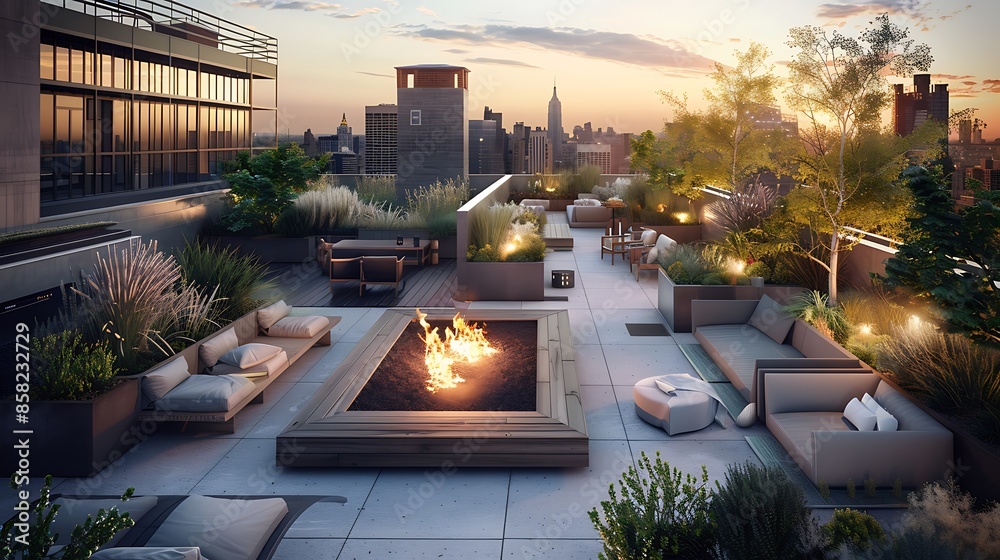 rooftop lounge area designed for an urban apartment building Stock ...