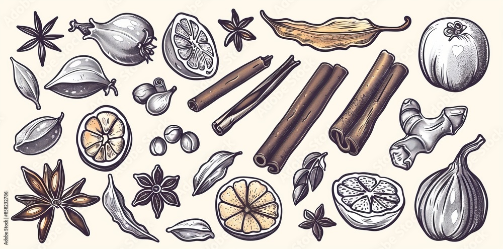 Seasoning and culinary plant collection, hand drawn sketch modern ...