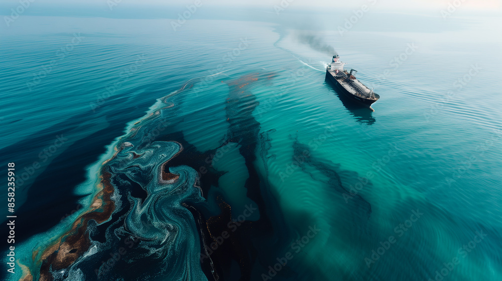 Oil spill from ship causing environmental pollution on the ocean's ...