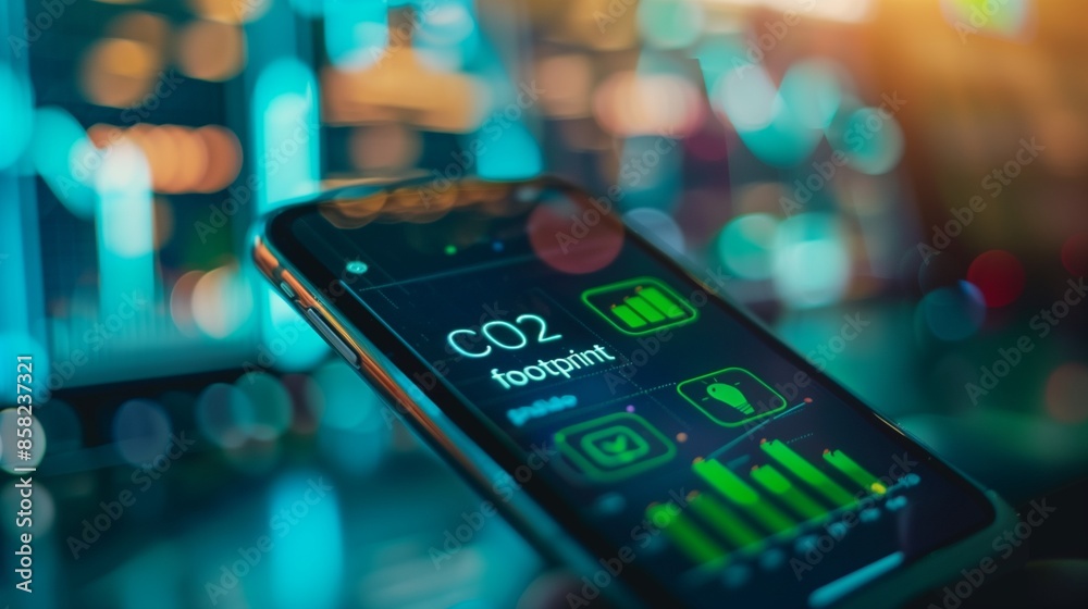 A sleek mobile app interface displaying a personal CO2 footprint ...