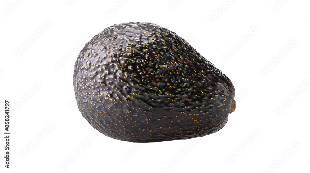 Photograph of a single, perfectly ripe avocado, its dark green skin and ...