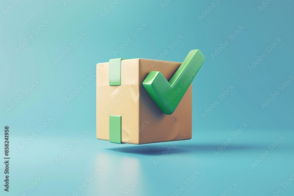 Cardboard box with a green checkmark symbol on a blue background ...