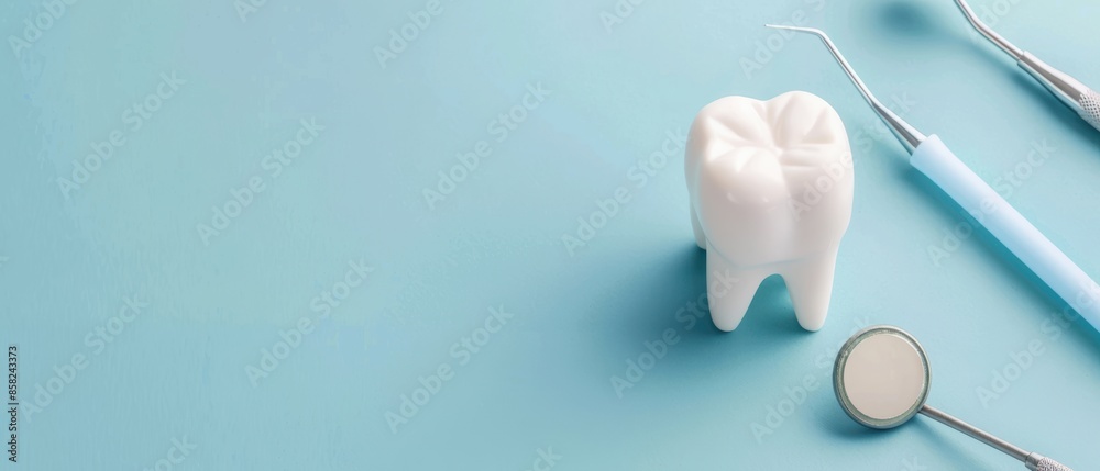 Human tooth model with a dentist's hand holding a dental tool, blue ...