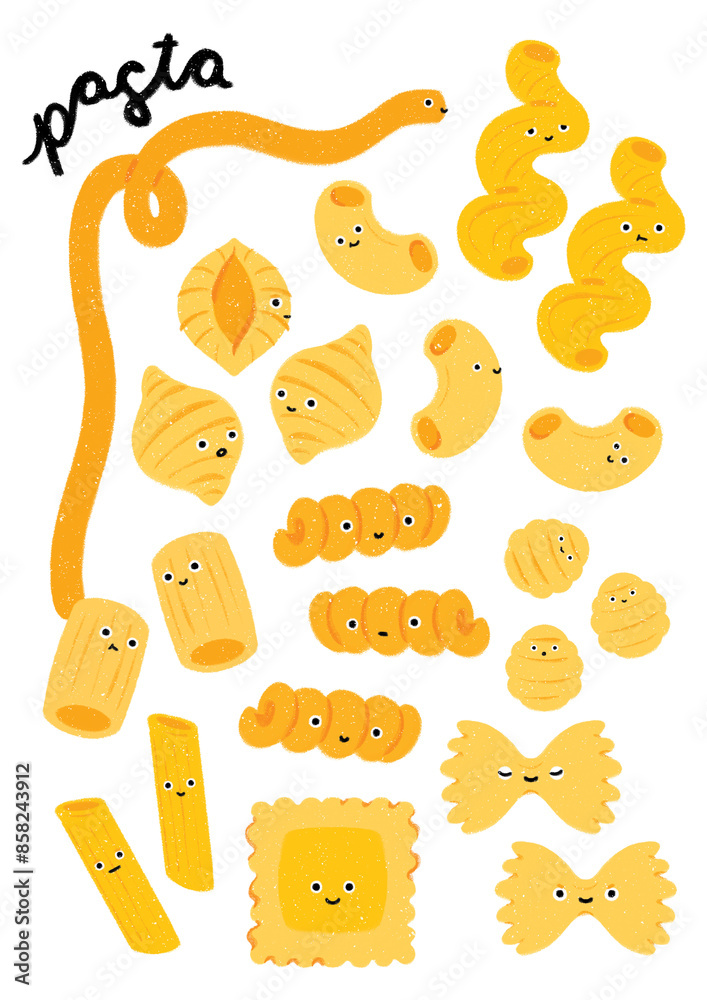 cute kiddy cartoonish Italian pasta characters poster hand drawn style ...