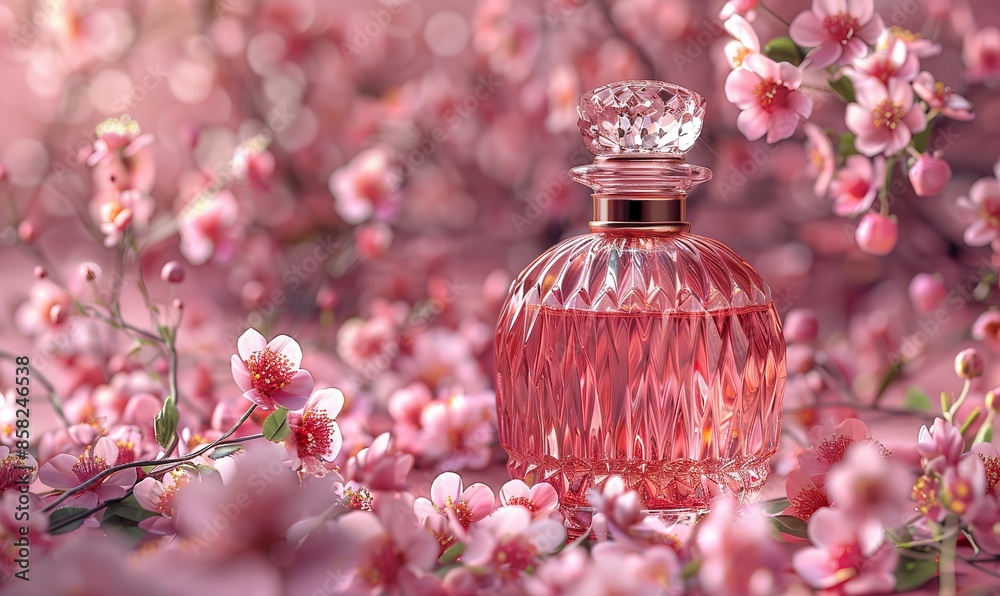 Floral perfume bottle mockup in luxurious pink color scheme offers a ...