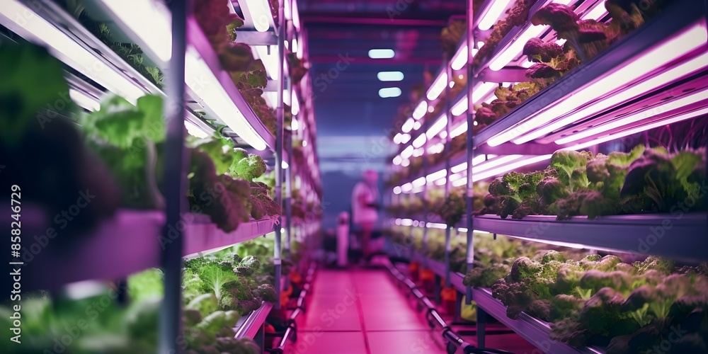 Indoor vertical farm with LED lights maximizes space for futuristic ...