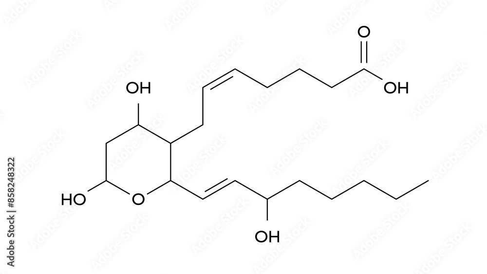 thromboxane b2 molecule, structural chemical formula, ball-and-stick ...