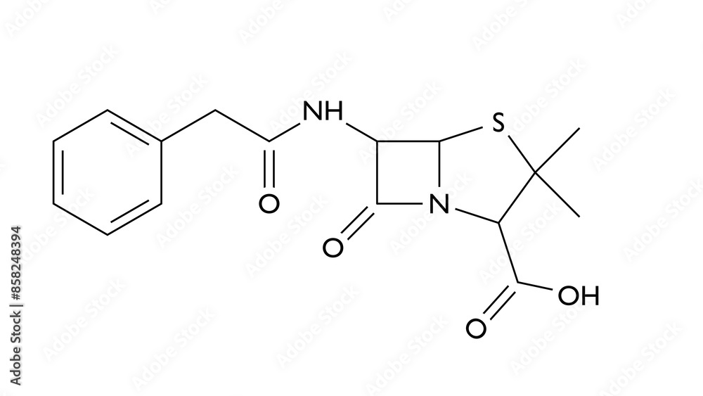 benzylpenicillin molecule, structural chemical formula, ball-and-stick ...