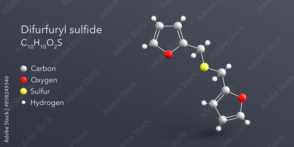 difurfuryl sulfide molecule 3d rendering, flat molecular structure with ...