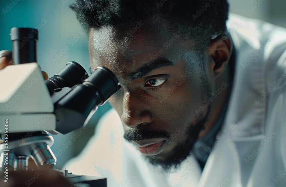 Scientist with a microscope in plant growth analytics, food engineering ...