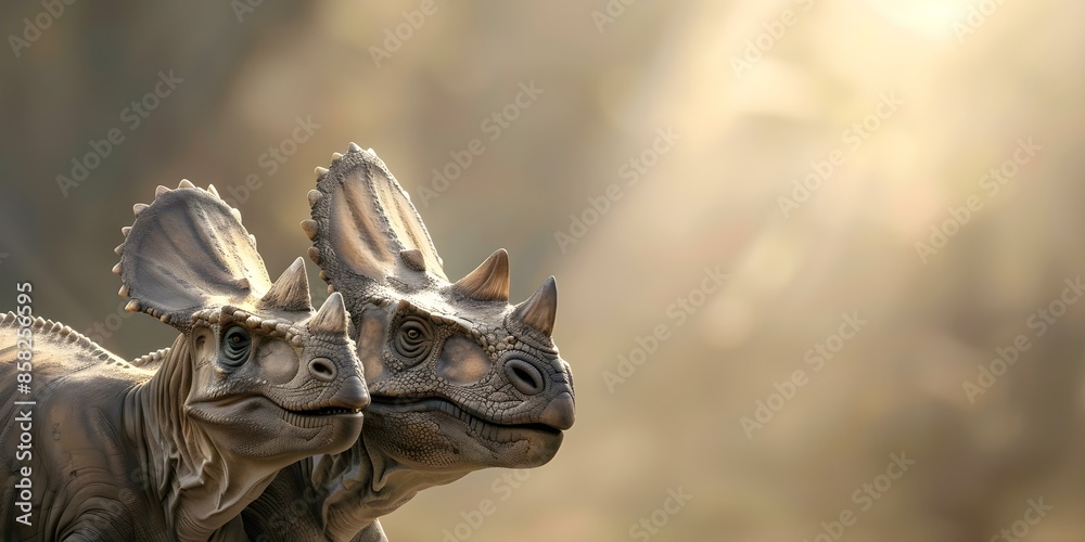 Modern art of styracosaurus and carnotaurus dinosaurs standing and ...