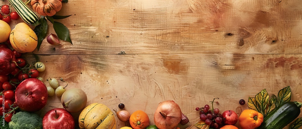 Capture a top-down view of a rustic wooden table adorned with a variety ...