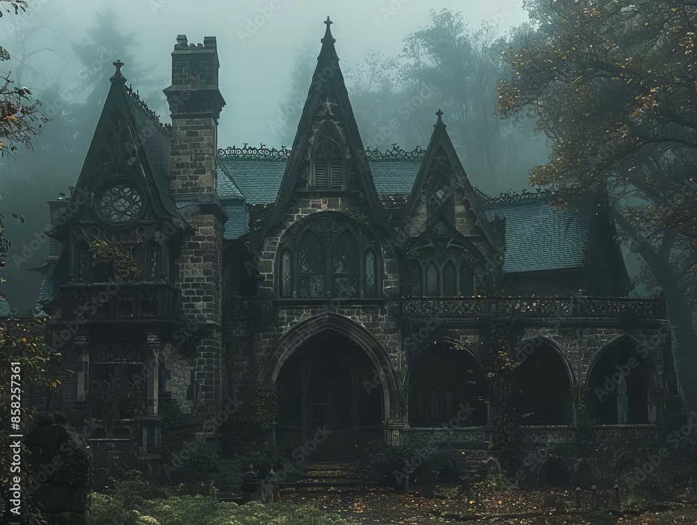 Gothicstyle house with pointed arches and dark, intricate details ...